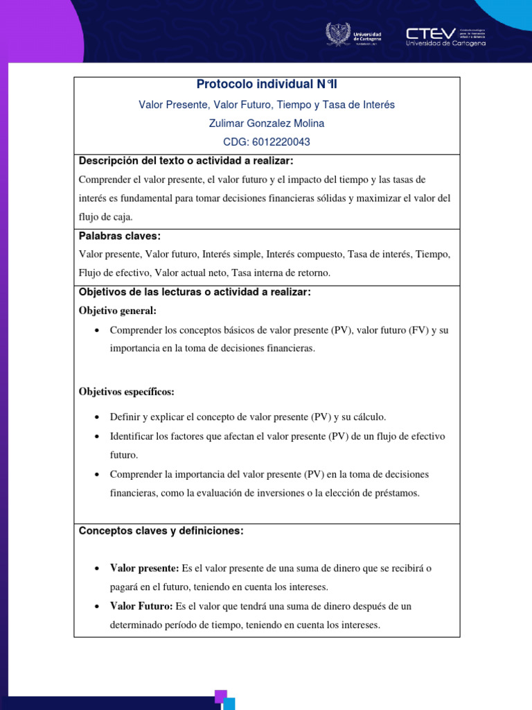 Protocolo Individual N°2 Matematica Financiera | PDF | Tasa interna de retorno | Interés