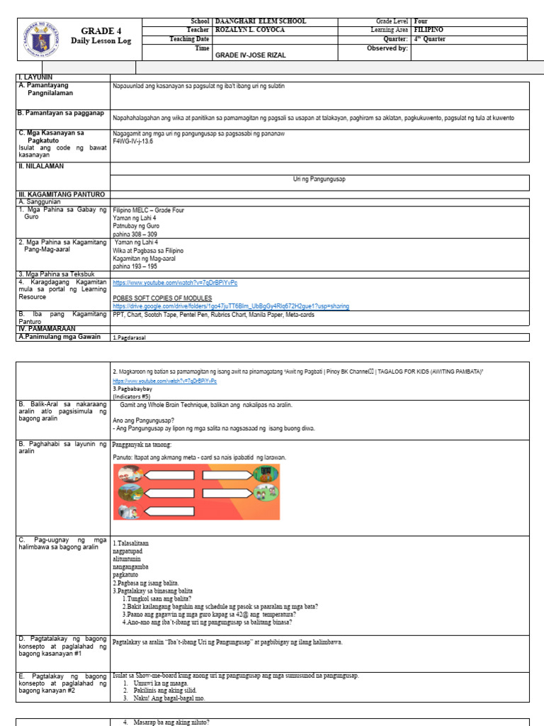 DLL COT Q4 Uri NG Pangungusap | PDF