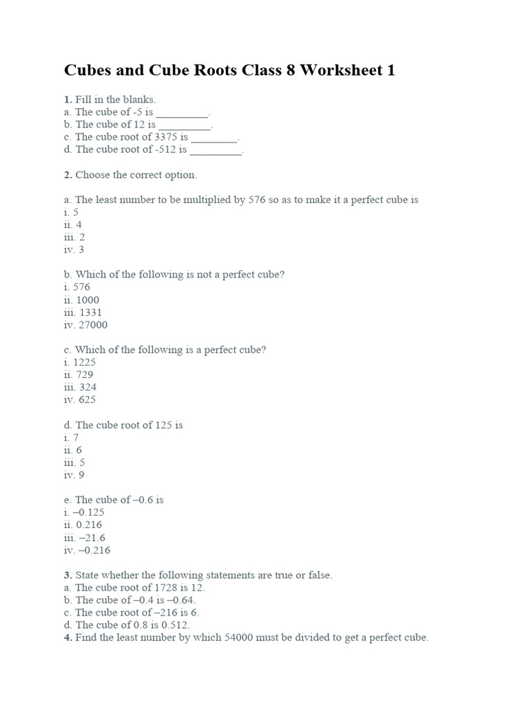 Cubes and Cube Roots Class 8 Worksheet 1 | Download Free PDF | Volume