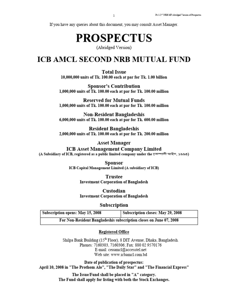 ICB AMCL Second NRB Mutual Fund Prospectus | PDF | Investment Fund ...