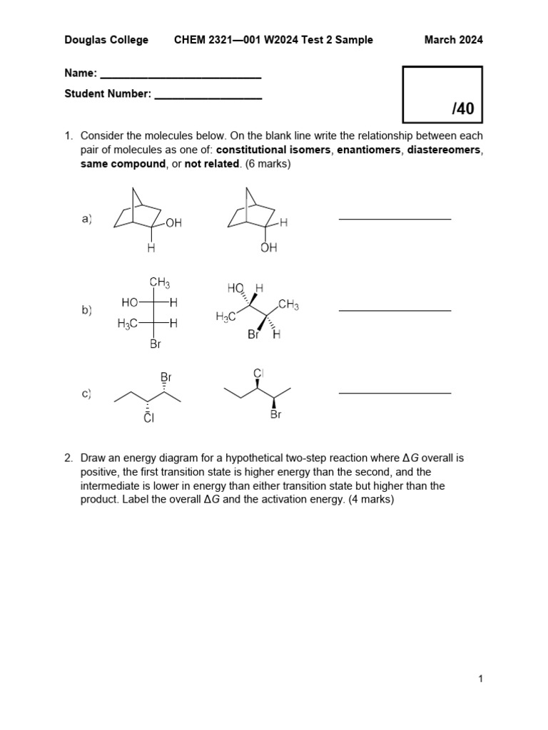 CHEM 2321 Term Test 2 Sample W24 | PDF | Chemical Reactions | Isomer