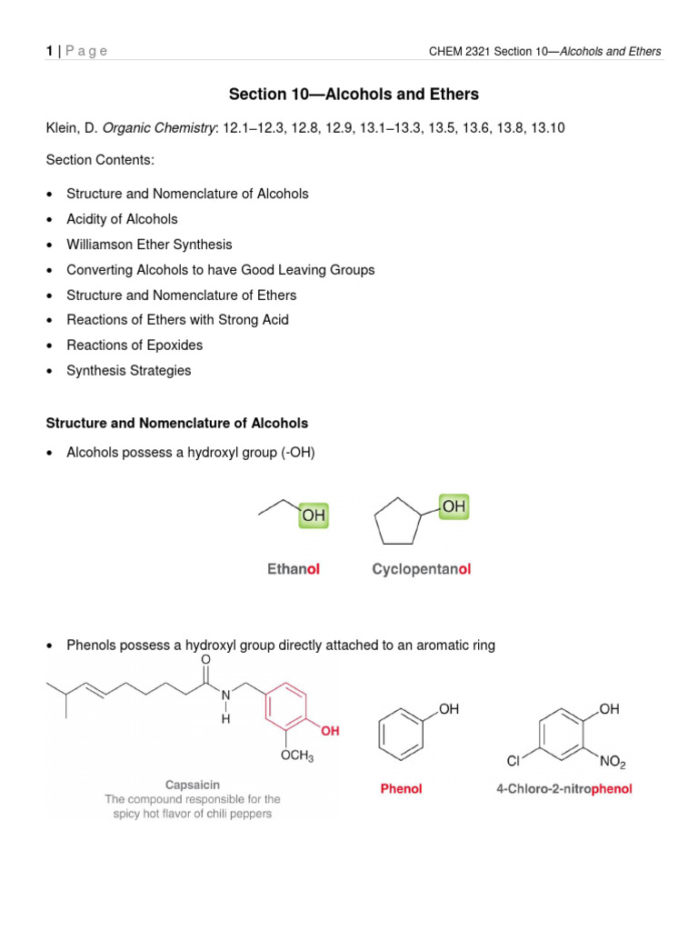 Alcohols and Ethers: Structures & Reactions | PDF | Ether | Chemical Reactions