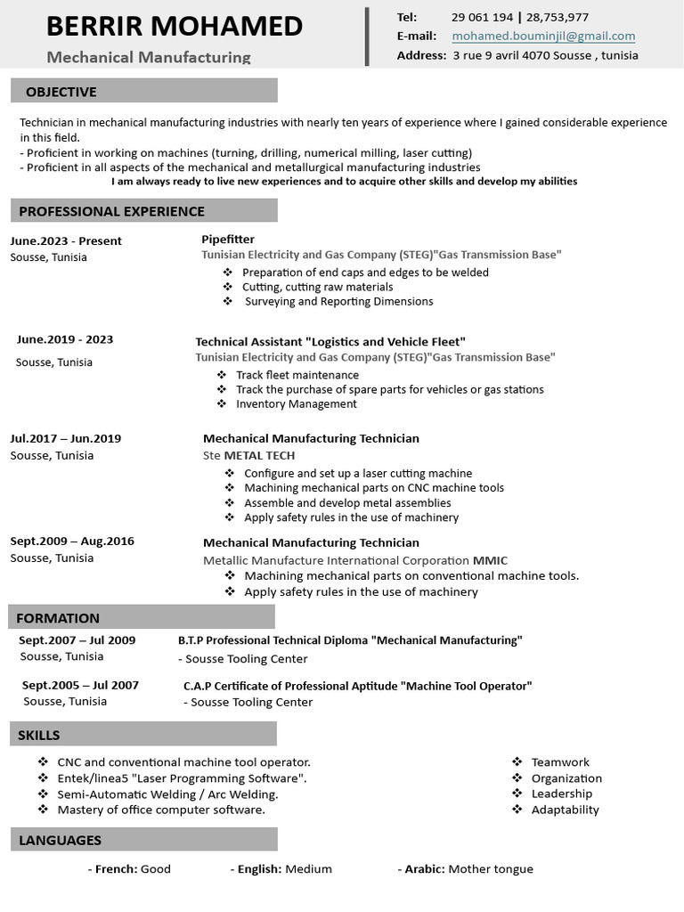 CV Mohamed EN | PDF | Machining | Tunisia
