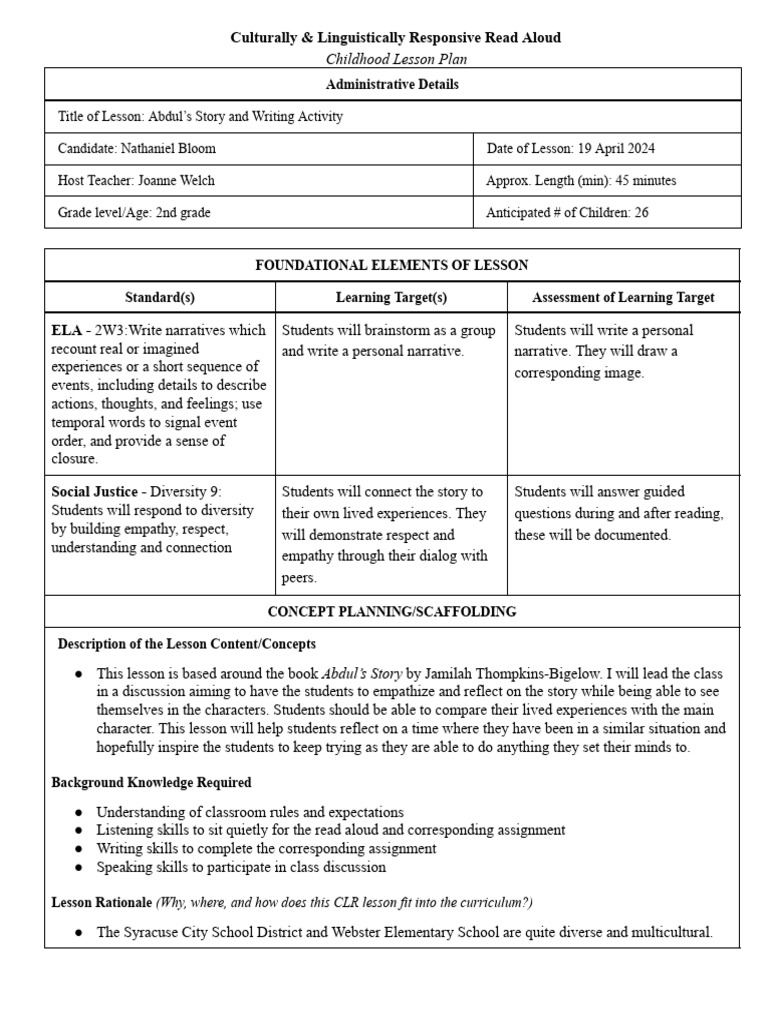 CLR Read Aloud Lesson Plan - 2 | PDF | Empathy | Lesson Plan
