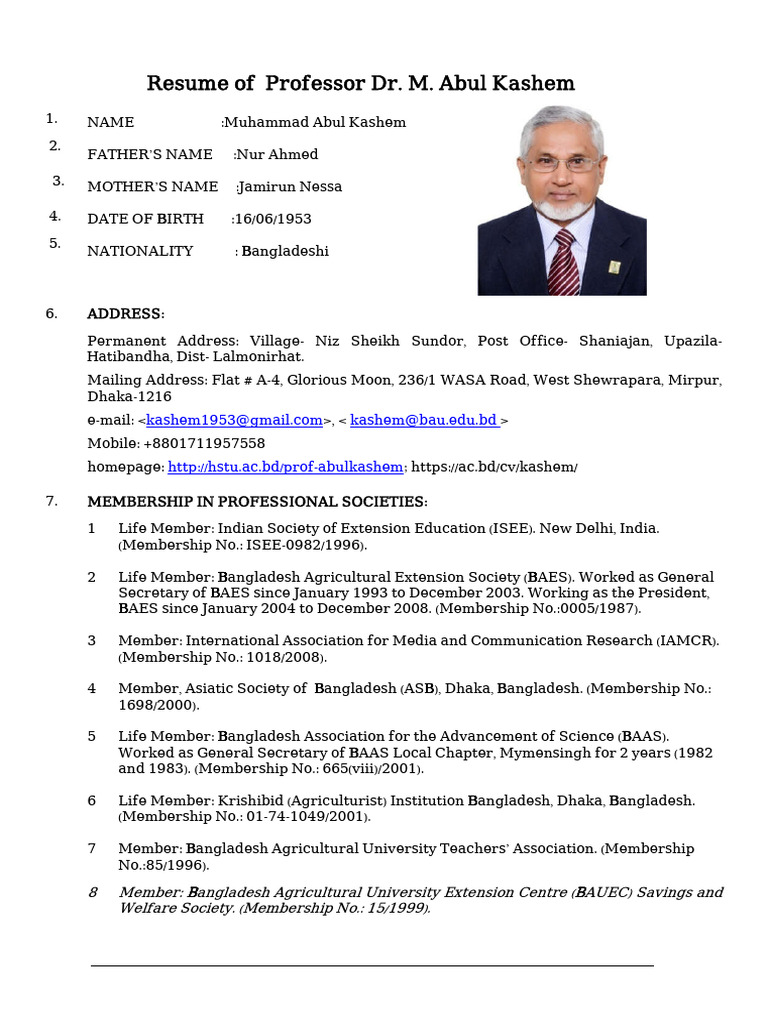 Resume of DR M Abul Kashem Last Updated On 01 DEC 2022 | PDF | Agriculture | Bangladesh