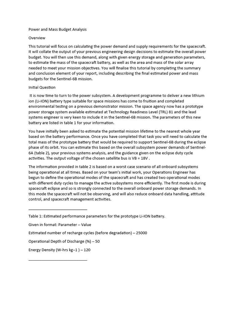 Power and Mass Budget Analysis | Download Free PDF | Spacecraft ...