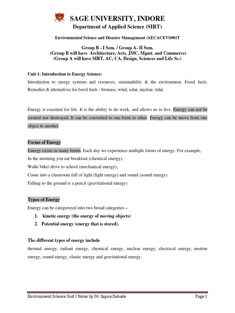 Unit 1 ESDM | PDF | Nuclear Fusion | Energy Development