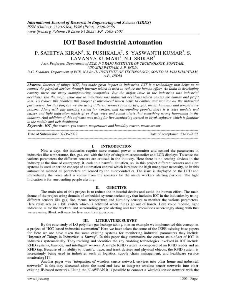IOT Based Industrial Automation: P. Sahitya Kiran, K. Pushkala, S. Yaswanth Kumar, S. Lavanya ...