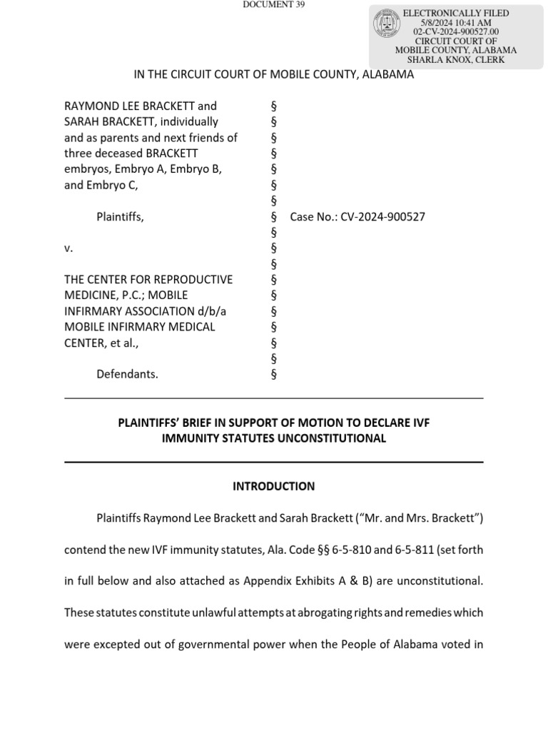 2024-05-08 PLTFS' Brief in Support of Motion To Declare IVF Immunity ... 2024-05-08 PLTFS' Brief in Support of Motion To Declare IVF Immunity ...