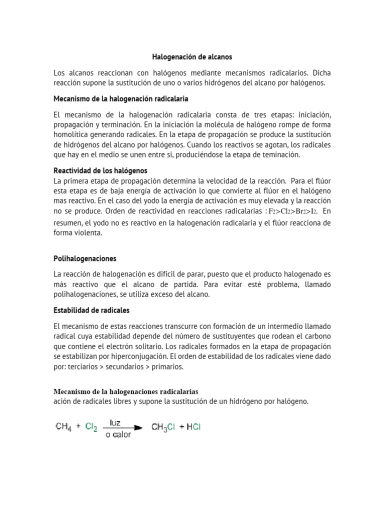 Halogenación de Alcanos | PDF | Radical (Química) | Alcano