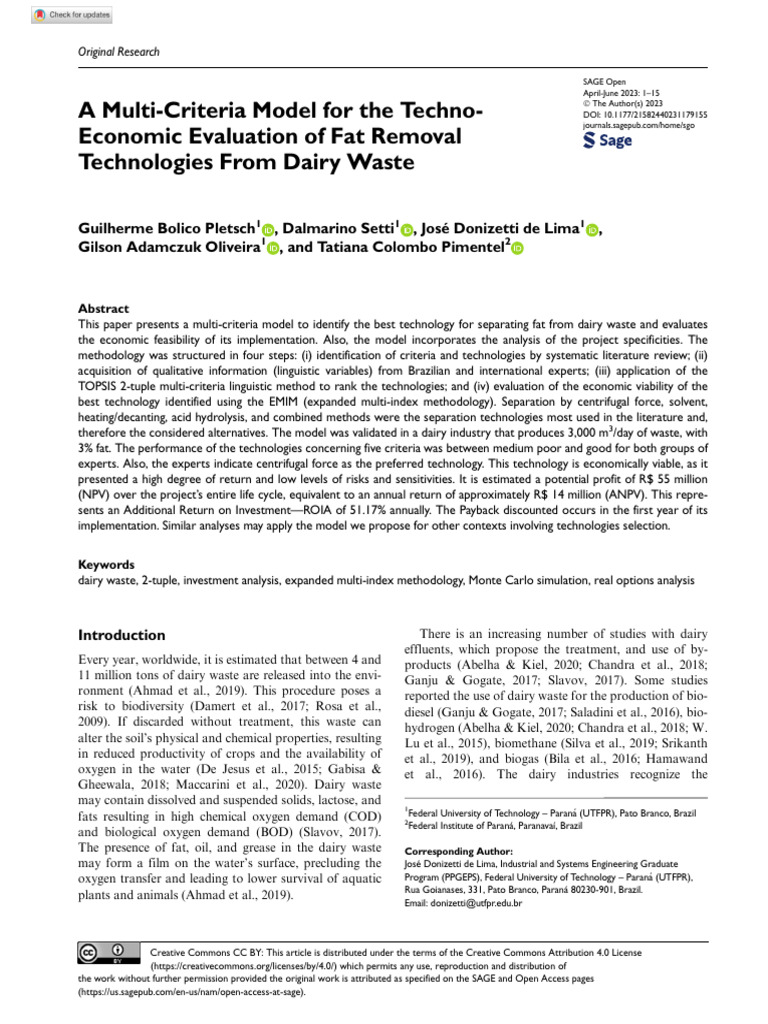 Bolico Pletsch Et Al 2023 A Multi Criteria Model For The Techno Economic Evaluation of Fat ...