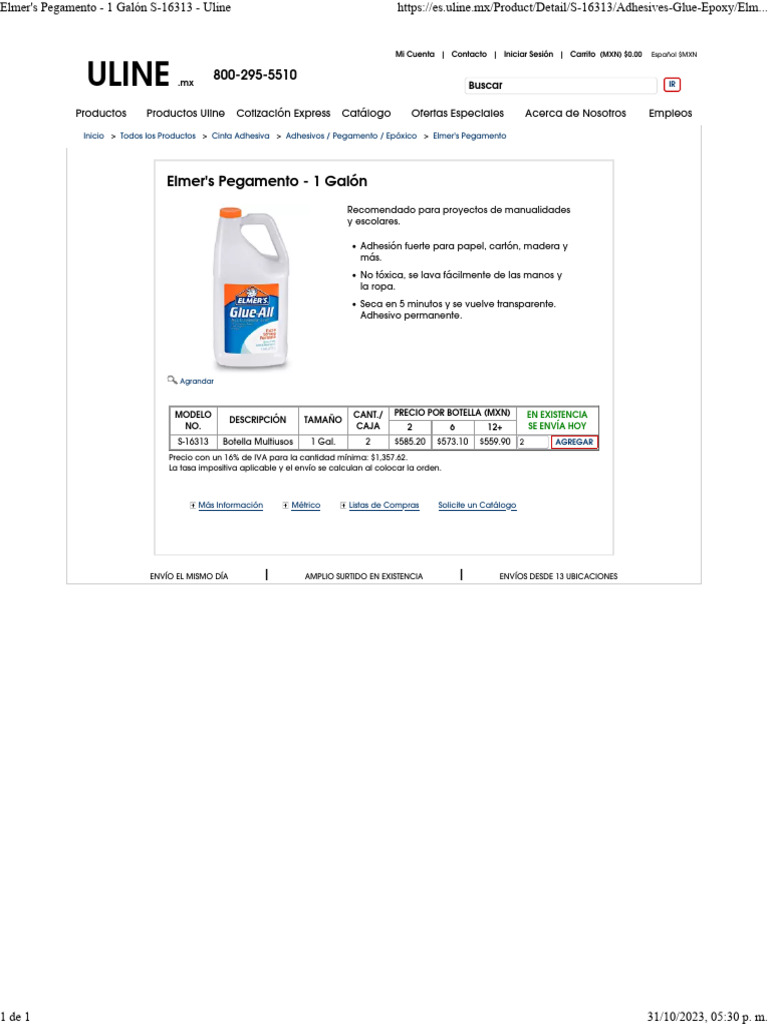 Elmer's Pegamento - 1 Galón S-16313 - Uline | PDF | Adhesivo
