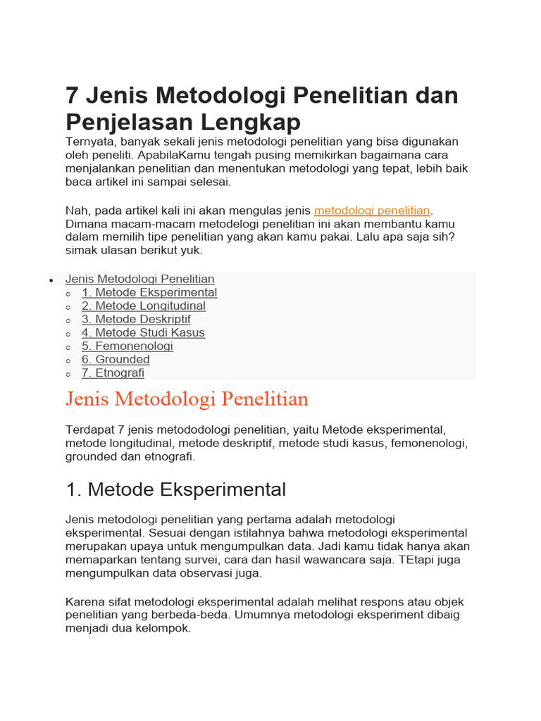 7 Jenis Metodologi Penelitian Dan Penjelasan Lengkap | PDF