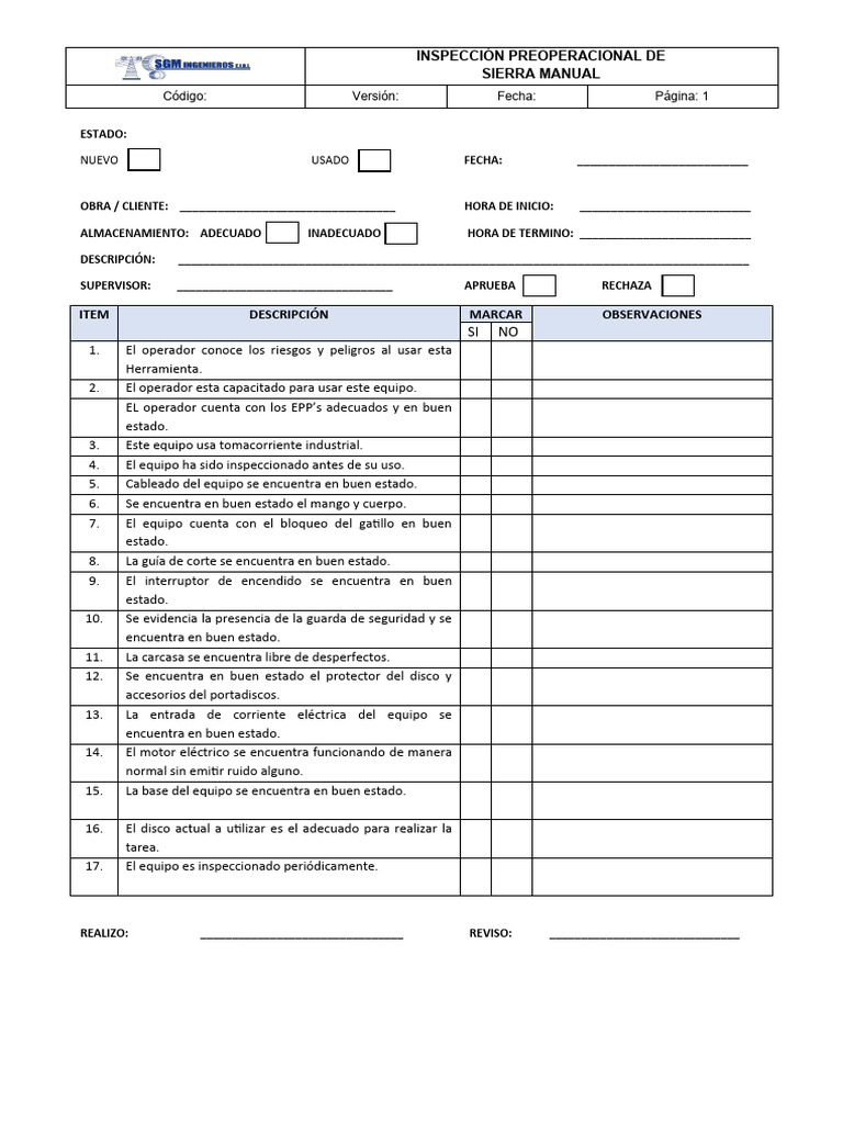 Checklist de Sierra Manual (1) | PDF