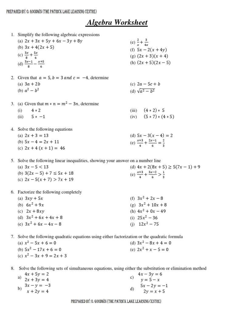 Algebra Worksheet | PDF | Algebra | Equations