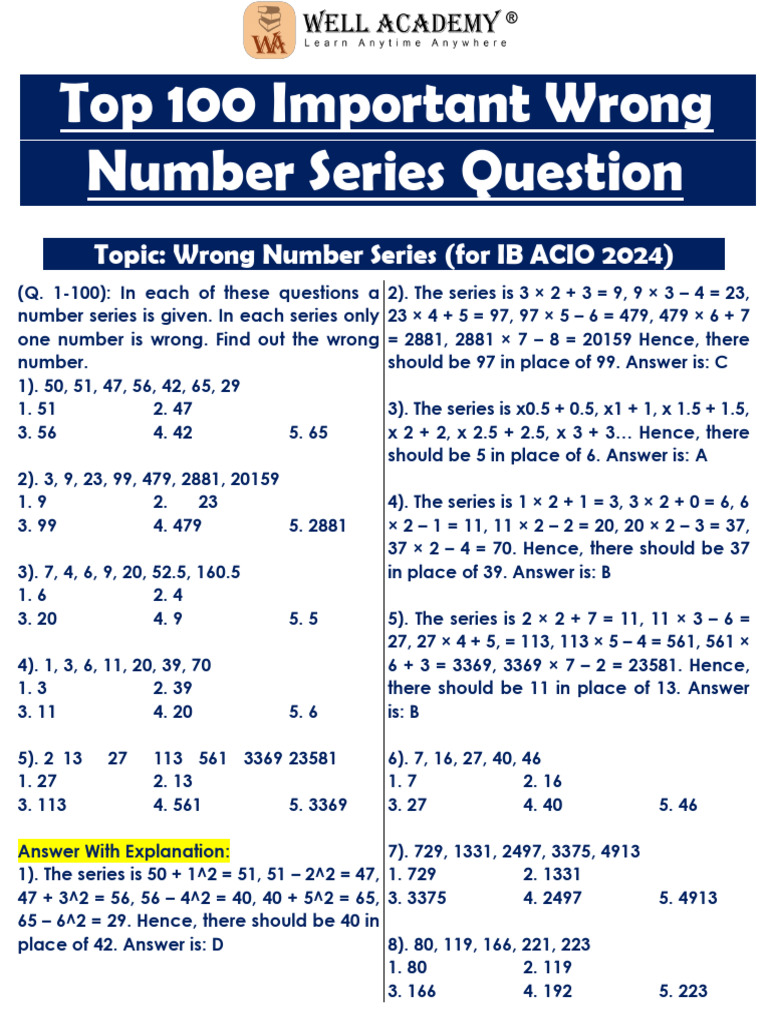 Top 100 Important Wrong Number Series Questions | PDF | Mathematics | Arithmetic