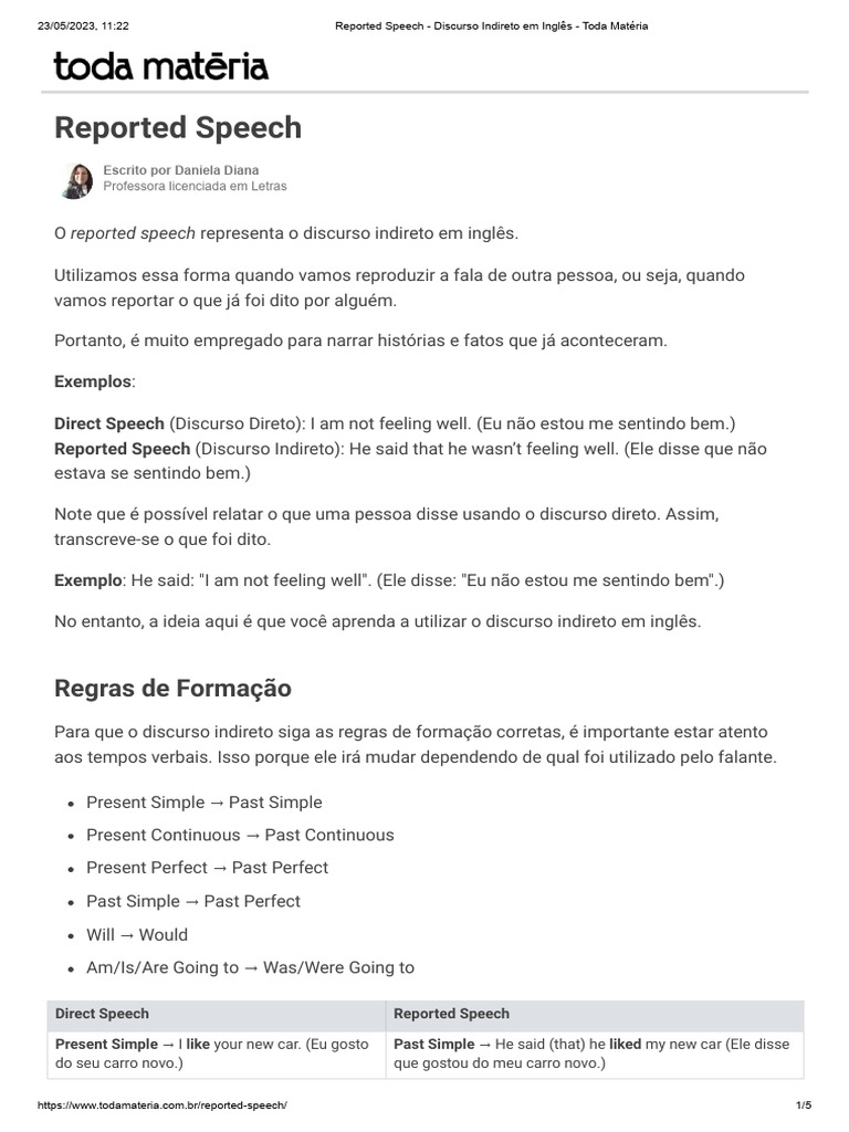 Reported Speech - Discurso Indireto em Inglês - Toda Matéria | PDF ...