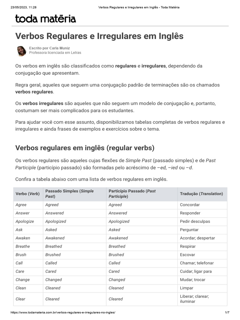 Verbos Regulares E Irregulares Em Inglês Toda Matéria Pdf