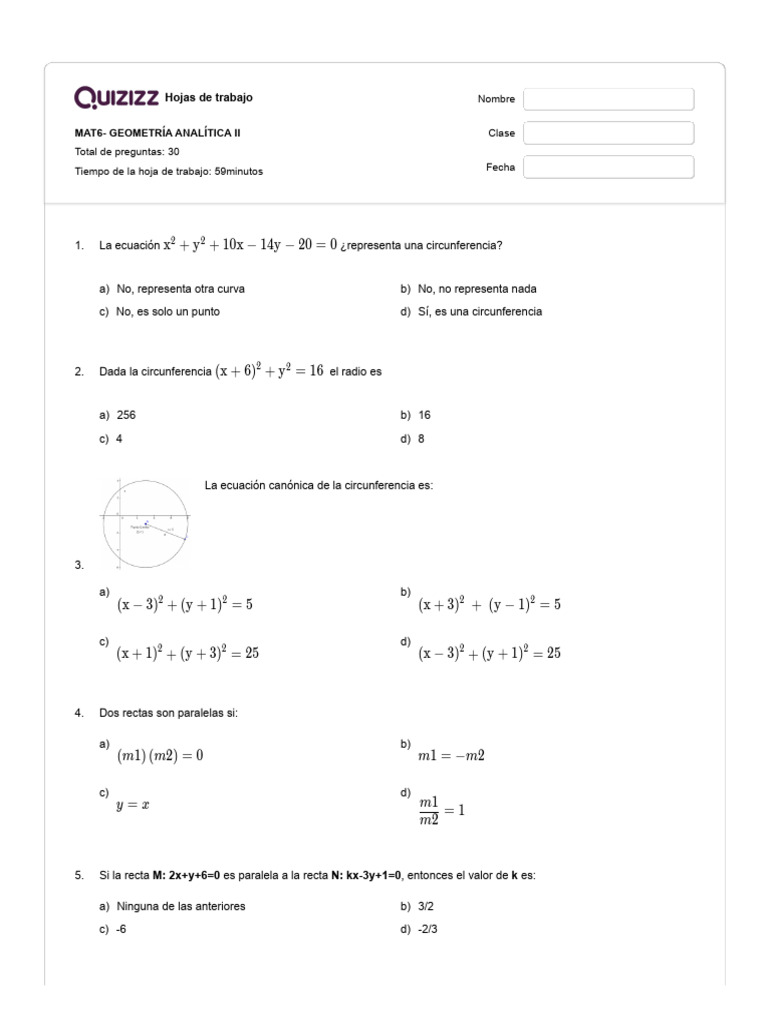 MAT6 - GEOMETRÍA ANALÍTICA II - Quizizz | PDF | Línea (geometría ...