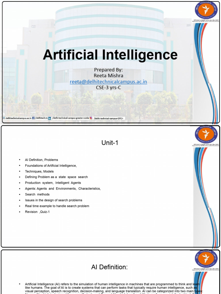 21.DTC AI Unit1 | PDF | Artificial Intelligence | Intelligence (AI) & Semantics
