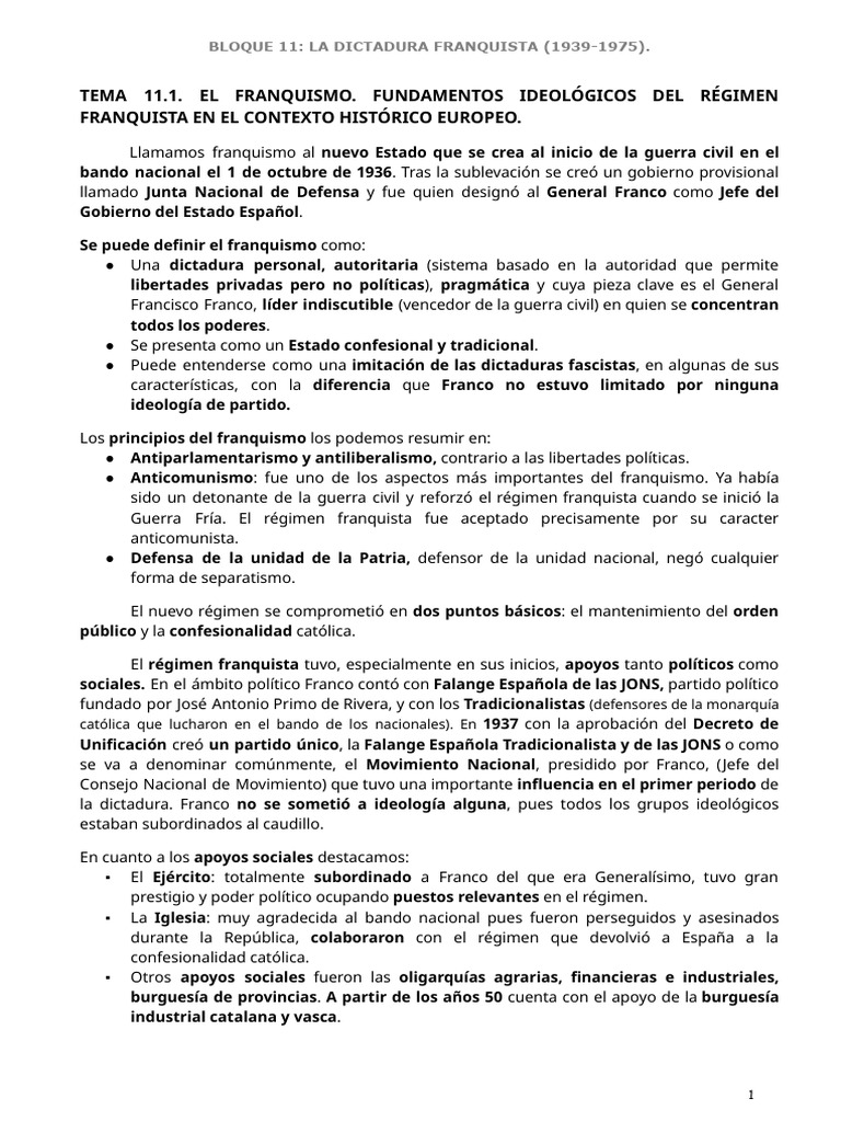 Bloque 11 La Dictadura Franquista (1939-1975) | PDF | España franquista | Francisco franco