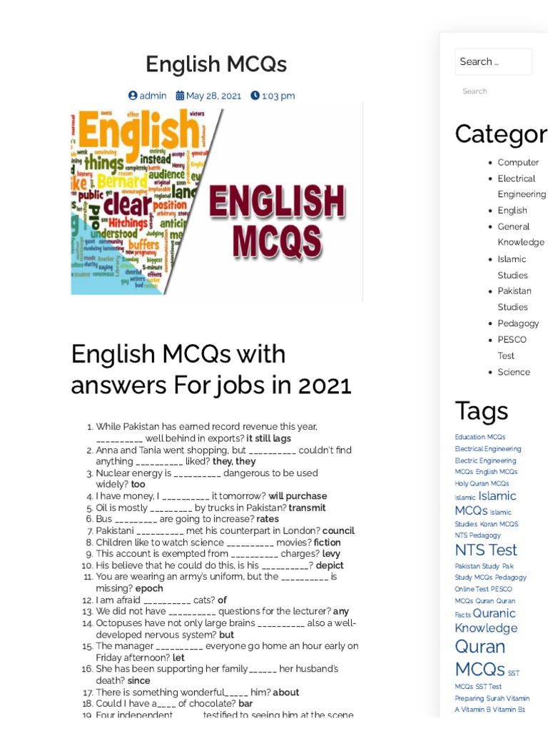 English MCQs - List of Most Repeated NTS MCQs With Answers PAST PAPERS ... English MCQs - List of Most Repeated NTS MCQs With Answers PAST PAPERS ...