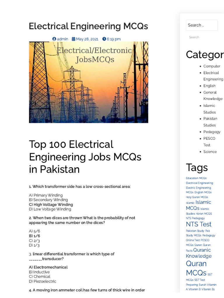 Electrical Engineering MCQs - List of Most Repeated NTS MCQs With ... Electrical Engineering MCQs - List of Most Repeated NTS MCQs With ...