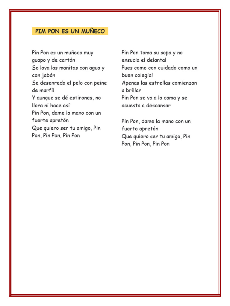 Canción Infantil: Pin Pon es un Muñeco | PDF | Canciones