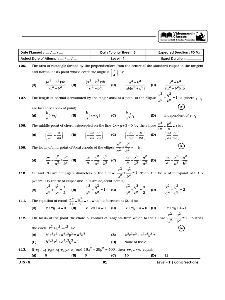 Conic - Level - 1 - DTS - 8 | PDF | Ellipse | Perpendicular