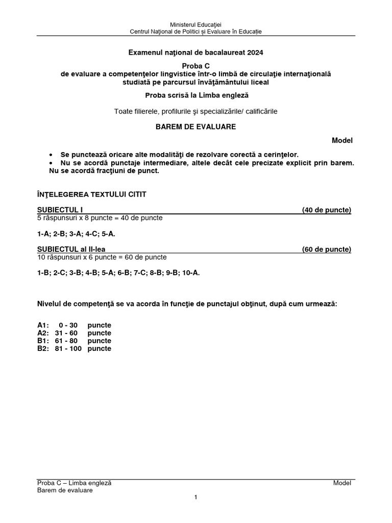 Bareme de Evaluare Si Notare Competente Lingvistice Limba Engleza | PDF