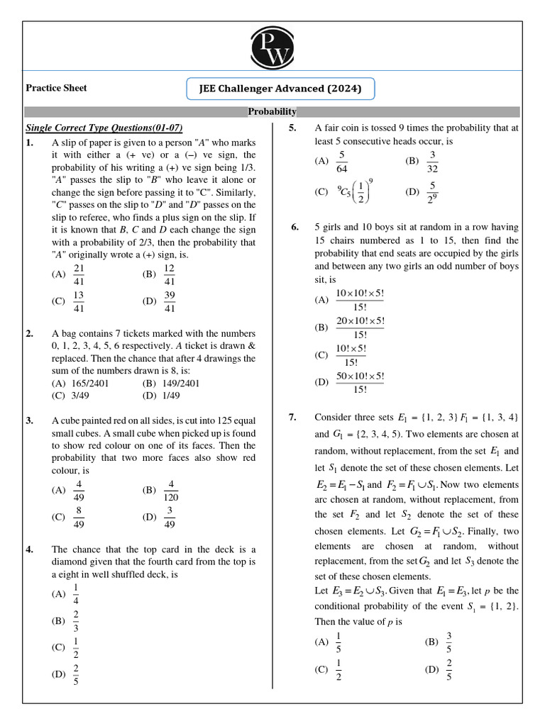 Probability - Practice Sheet - JEE Challengers | PDF | Odds | Mathematics