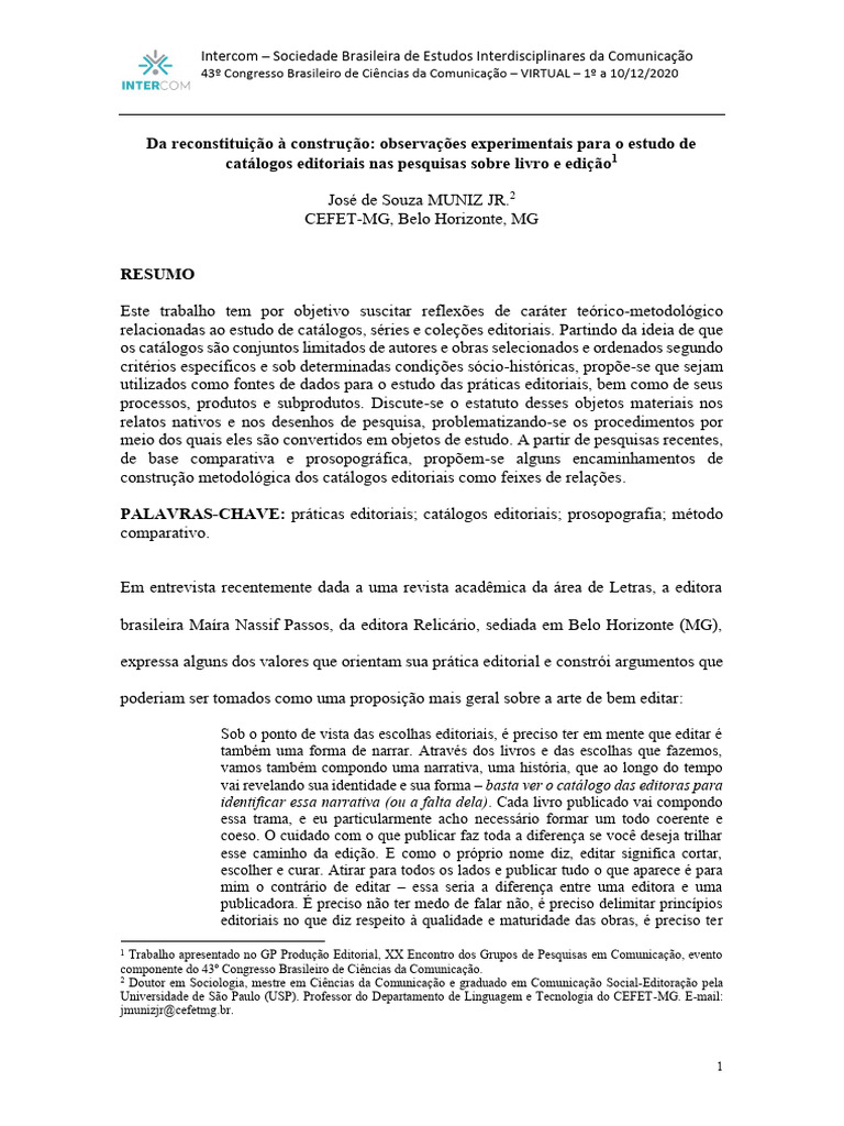 Artigo Muniz Intercom 2020 FINAL | PDF | Science | Comunicação