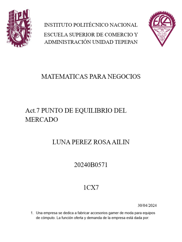 Unidad 2 - Act7 - Matemáticas - para - Negocios | PDF | Precios | Oferta (economía)