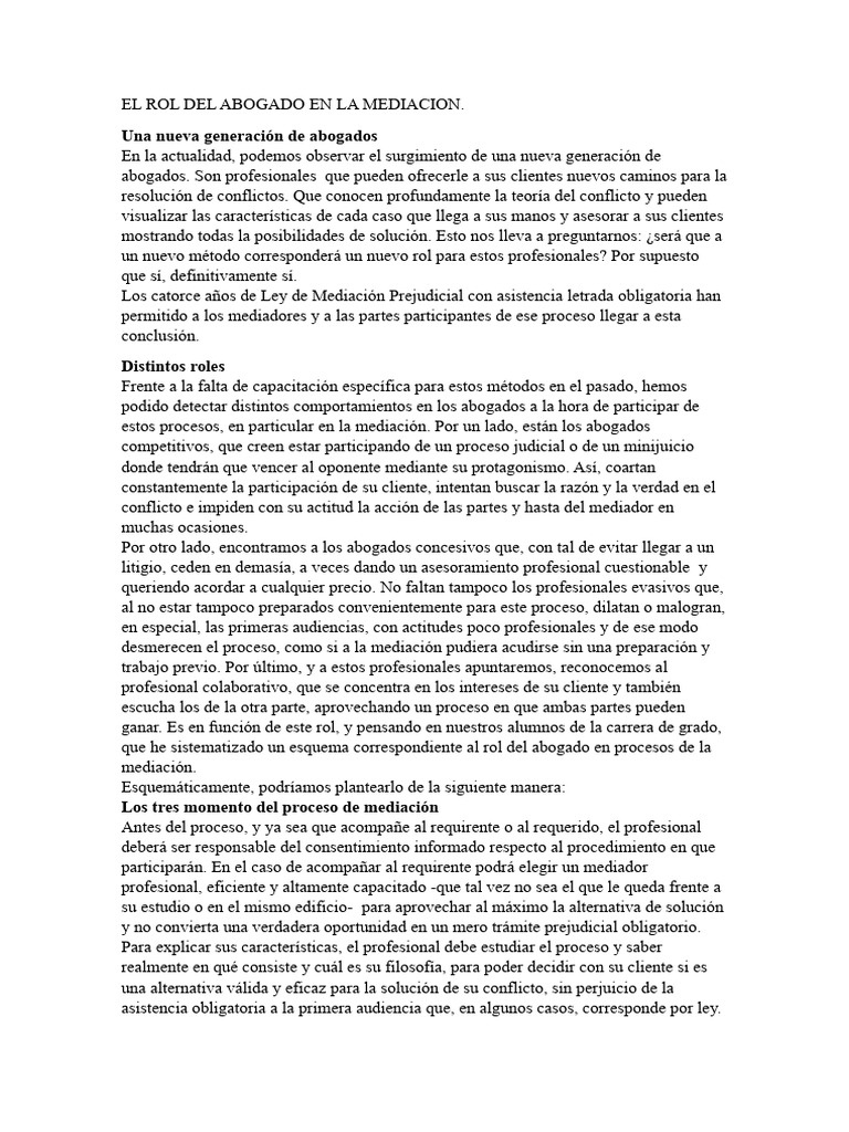 EL ROL DEL ABOGADO EN LA MEDIACION | PDF | Mediación