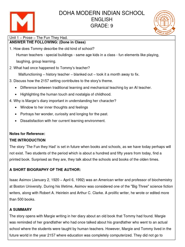 School - Data - DMIS - Assignment - 146533 - Notes - The Fun They Had ...