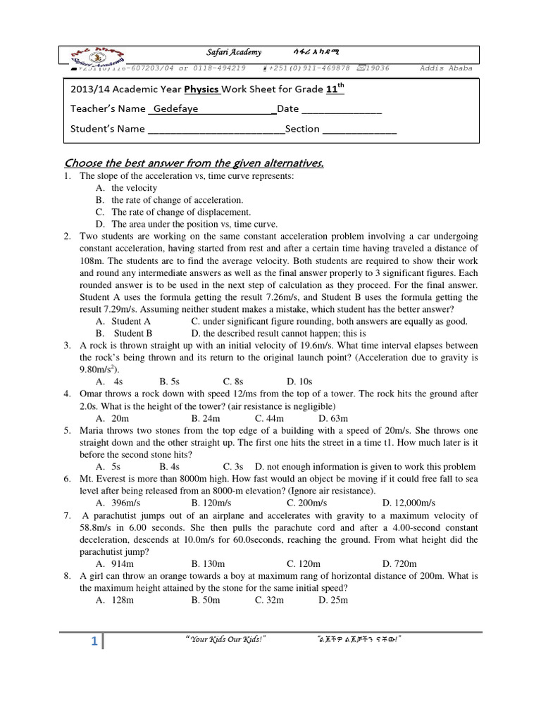 Grade 11 Phy Work Sheet | PDF | Acceleration | Velocity