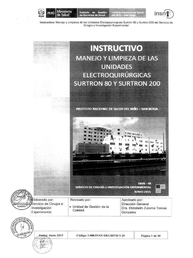 MINSA - Instructivo Manejo y Limpieza de Las Unidades Electroquirúrgicas Surtrón 80 y Surtrón ...