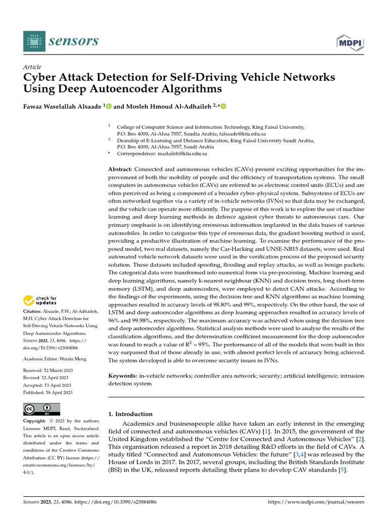 Sensors: Cyber Attack Detection For Self-Driving Vehicle Networks Using Deep Autoencoder ...
