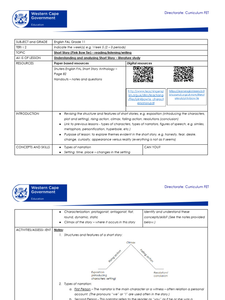 Week 5 FET Lesson Framework - 2020 - FAL GR 11 Short Story | PDF ...