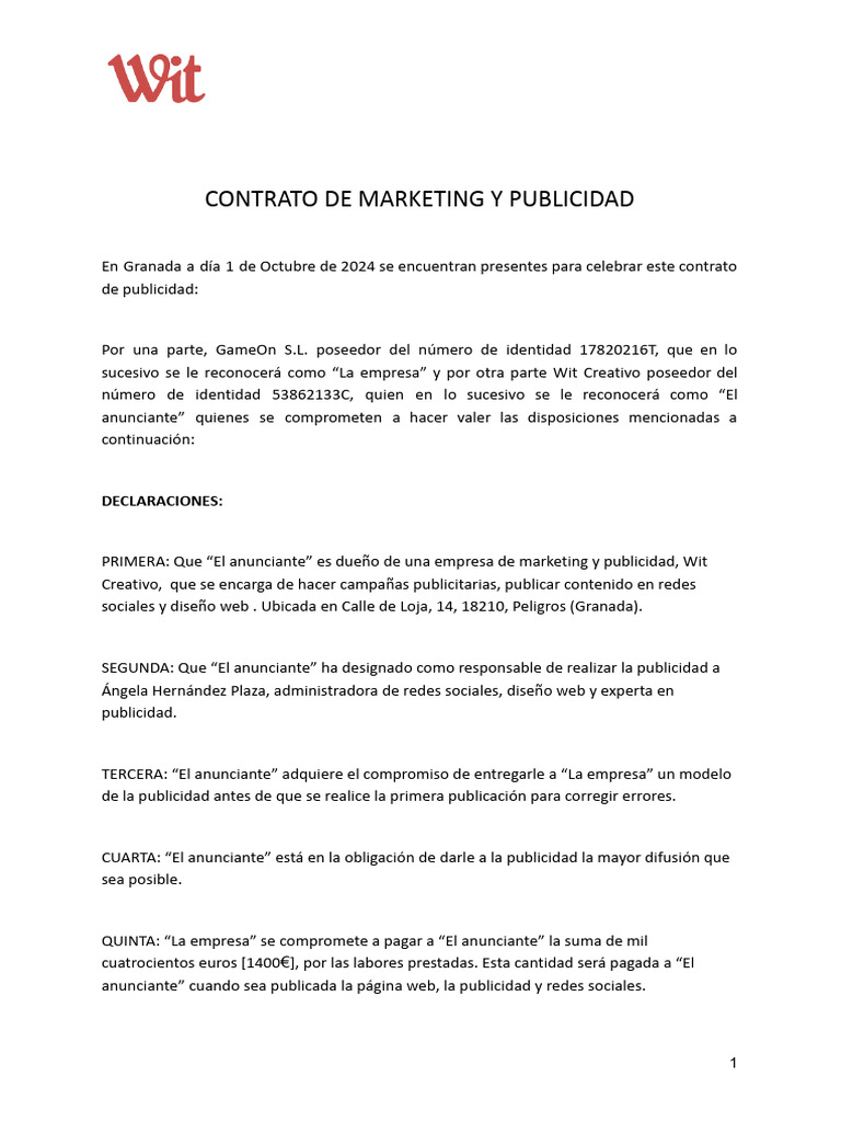 Contrato de Marketing y Publicidad | Descargar gratis PDF | Publicidad