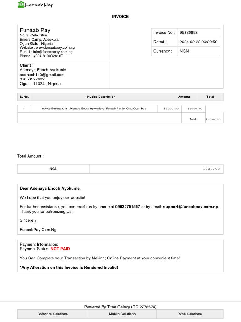 Funaab Pay Invoice for Adenaya Enoch | PDF