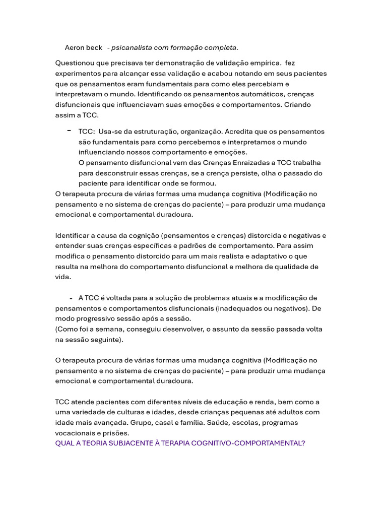 'Resumo Prova TCC' | PDF | Terapia cognitiva comportamental | Pensamento