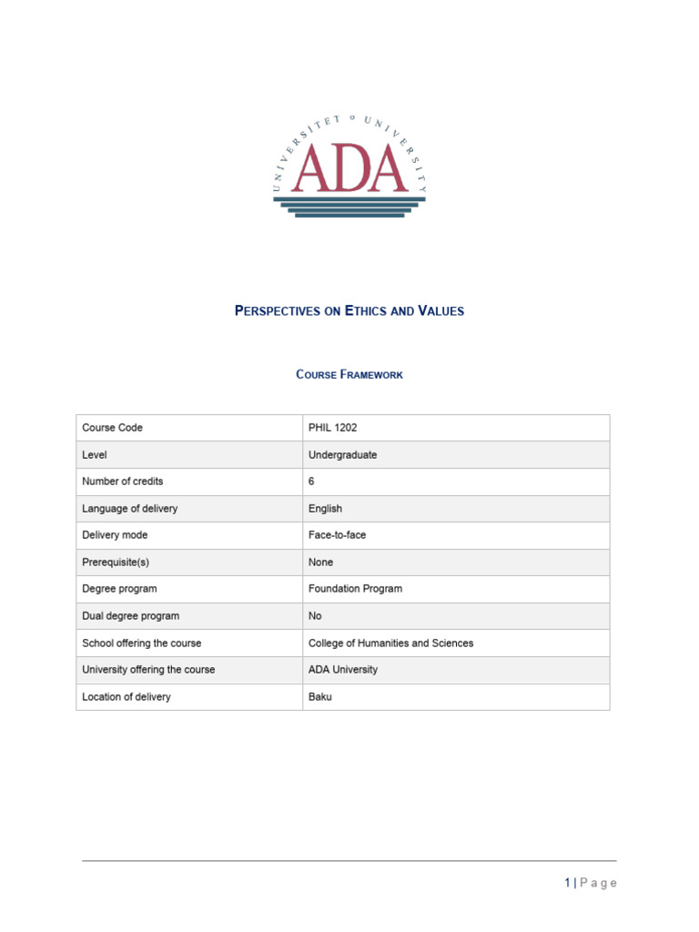 Perspectives On Ethics - Course Syllabus - 20041 | PDF | Teaching Method | Critical Thinking