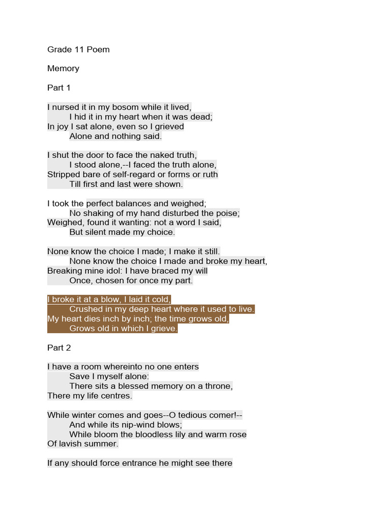 Grade 11 Poem Memory | PDF | Poetry