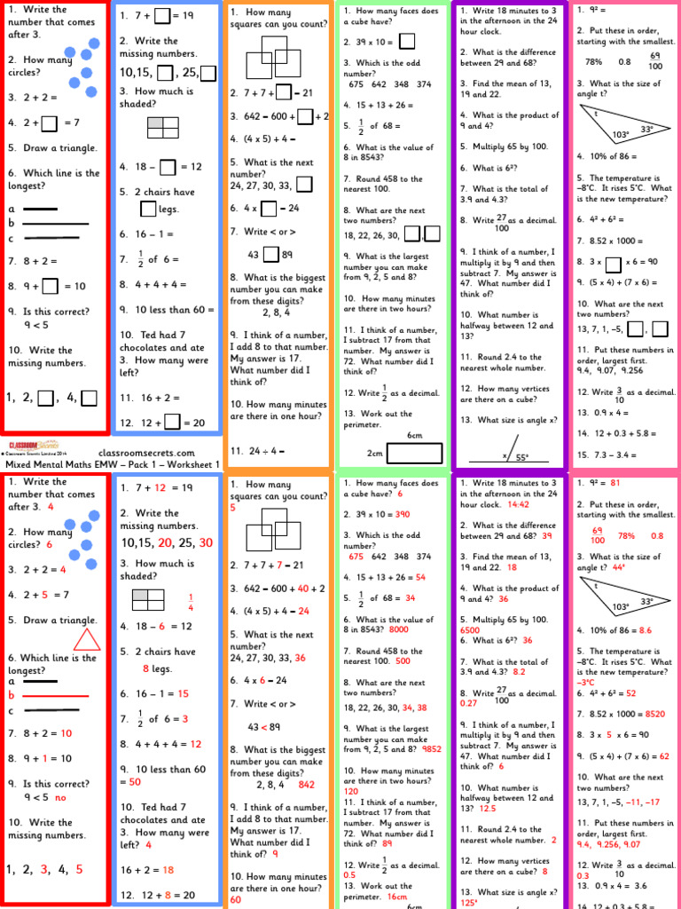 KS1 and KS2 Mixed Mental Maths Pack 1 Early Morning Work | PDF ...