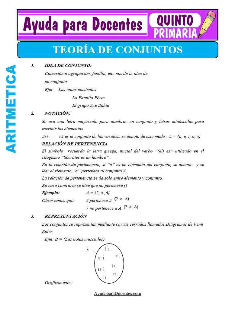 Teoria de Conjuntos para Quinto de Primaria | PDF | Conjunto (Matemáticas) | Elemento (Matemáticas)