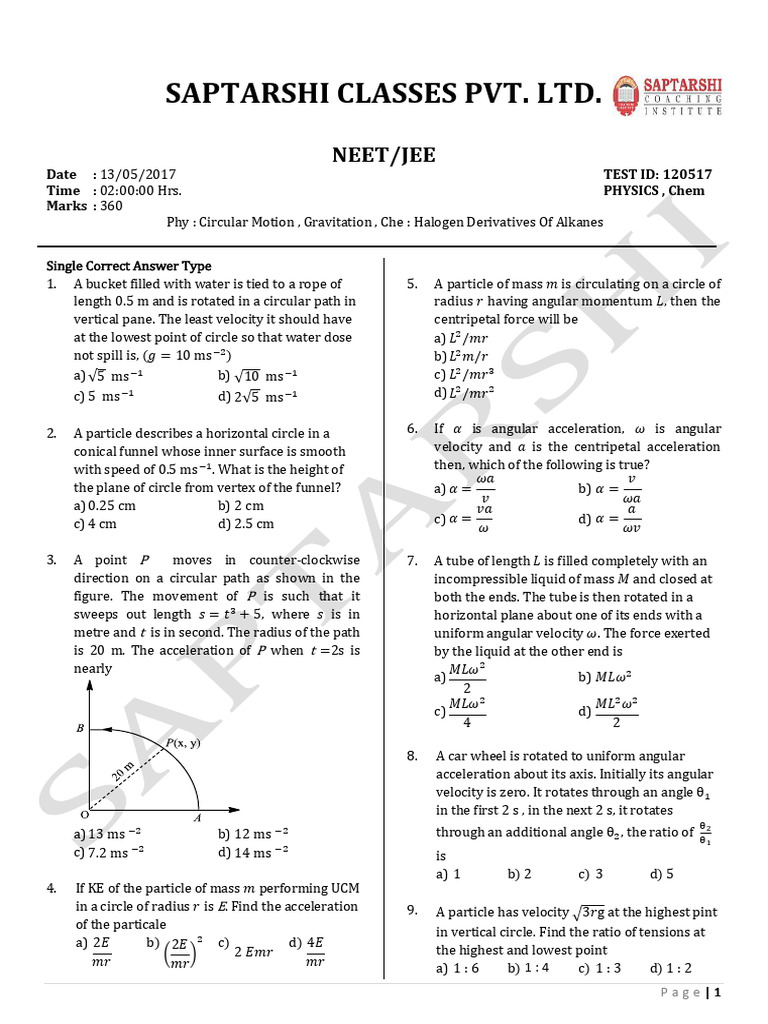 NEET JEE - Circular Motion Gravitation Question Paper and Solution ...