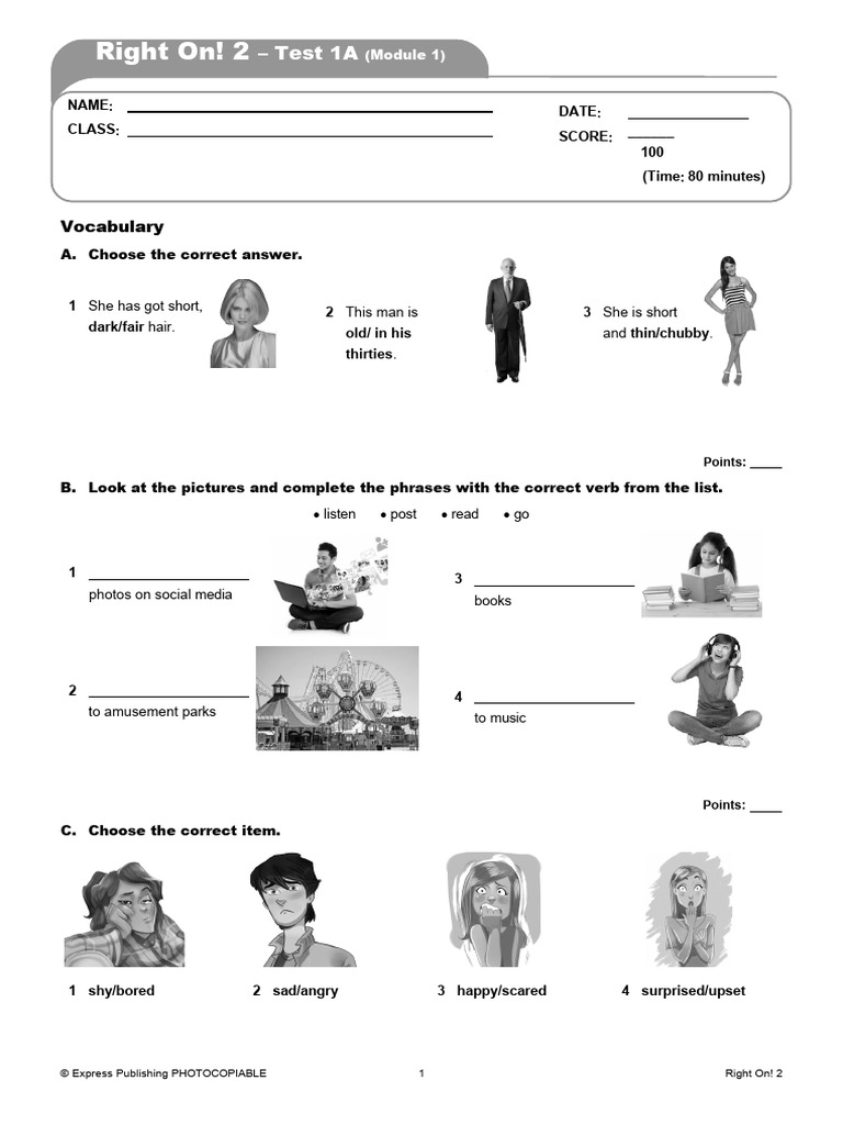01-Right-On-2-Test-1a-Mod-1 Test Test | PDF | Linguistics | Grammar