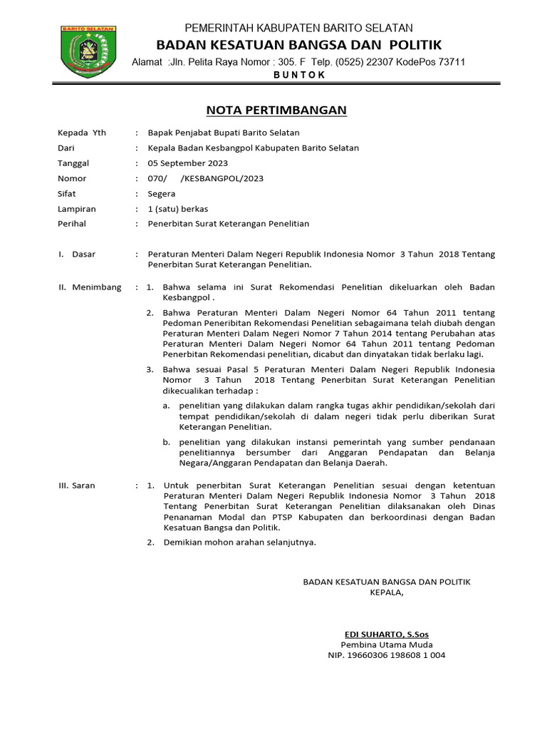 Nota Pertimbangan Surat Keterangan Penelitian | PDF