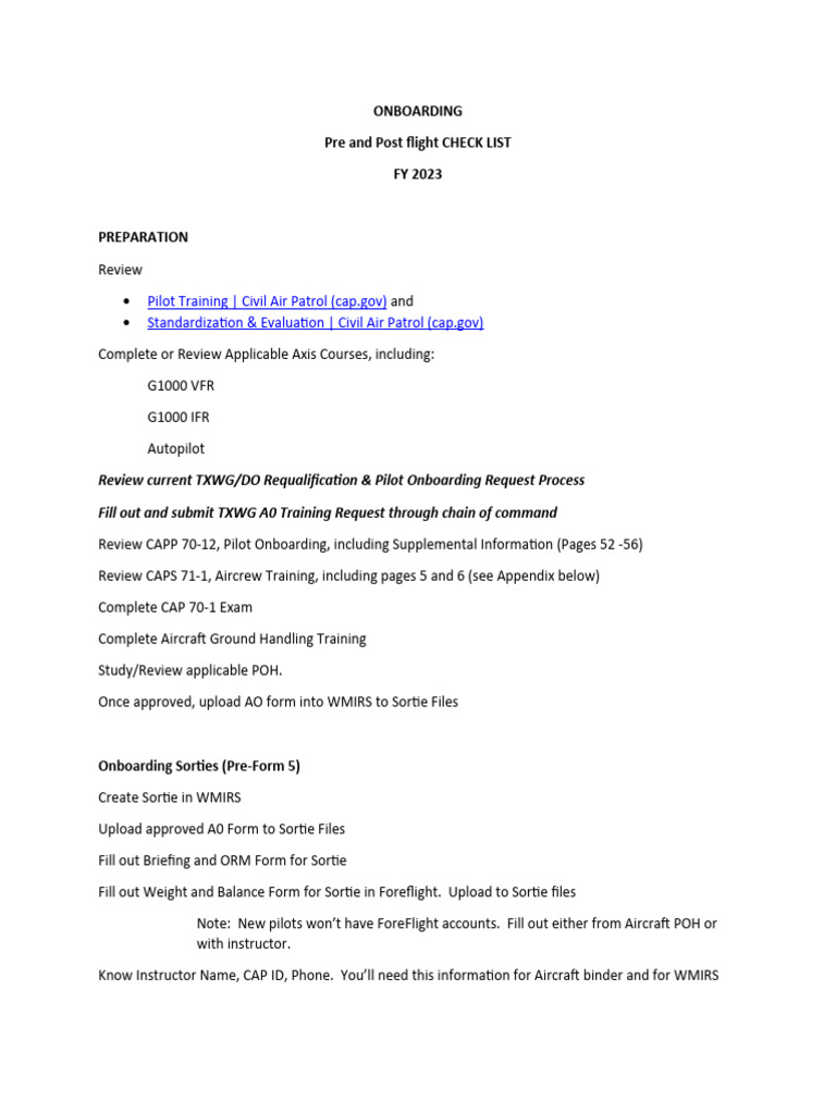 Onboarding Pre and Post Flight Check List | Download Free PDF | Visual ...